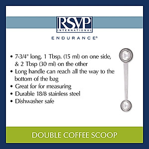 RSVP International Coffee Measuring Spoon, Long Handled Stainless Steel Scoop Multi-purpose for Baking, Ground Coffee, Beans or Loose Leaf Tea, Double, 1-Tbsp/2-Tbsp