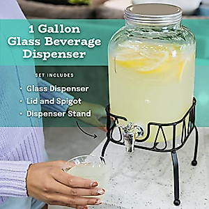Estilo Glass Drink Dispenser w/Stand for Parties - 1 Gallon Glass Jar Beverage Dispenser w/Stand - Glass Water Dispenser Countertop for Weddings, Sun Tea Jar, Laundry Detergent & Lemonade Dispenser