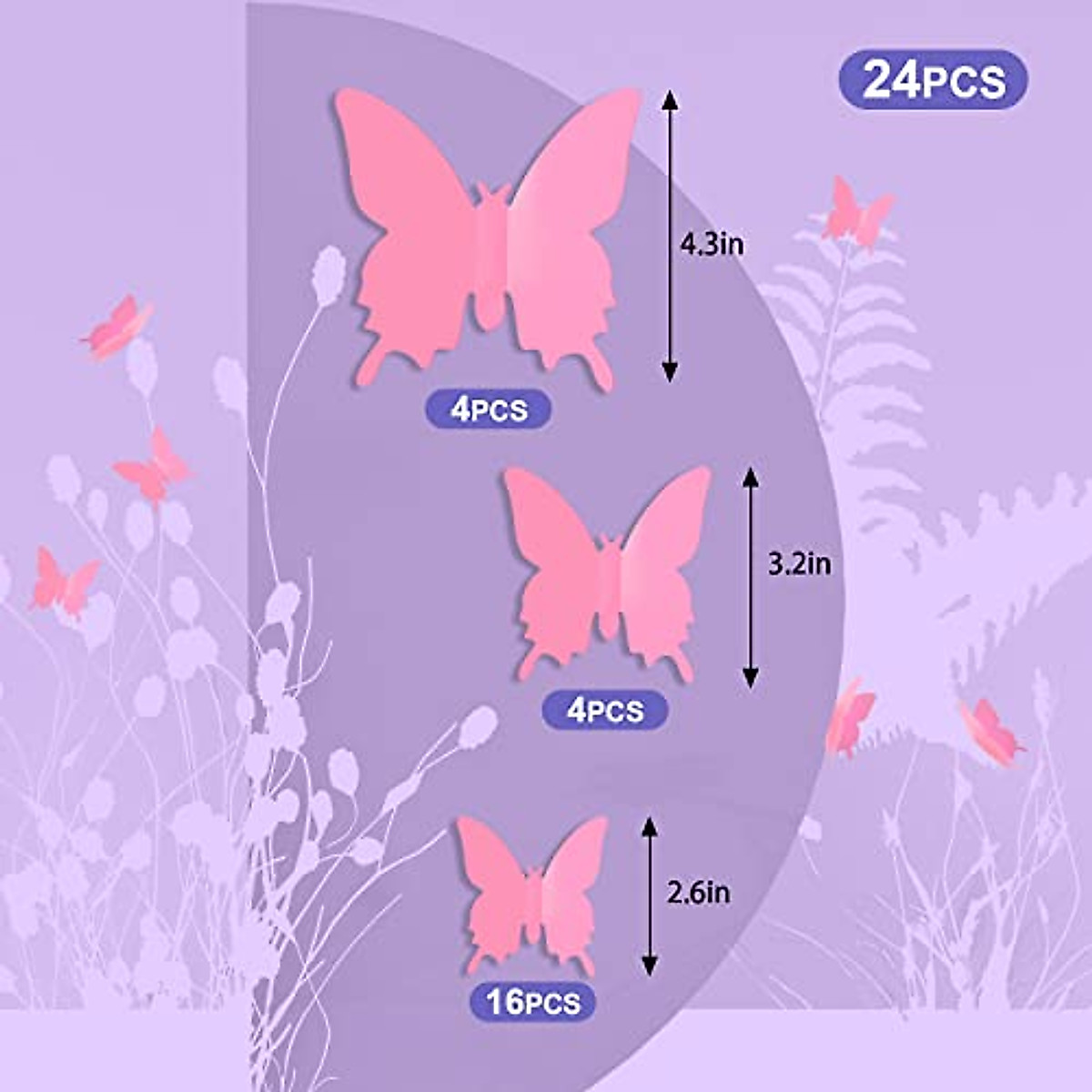 AMMON Butterfly Room Decorations 24 Pcs 3D Wall Decor Pink 3 Sizes Decal for Birthday Party Cake Mural Sticker Removable Room Wall Art Stickers for Kids Nursery Classroom Bedroom Living Room Party Wedding