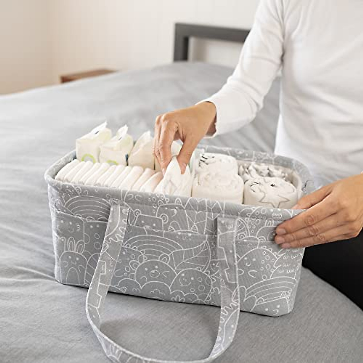 Baby Diaper Caddy Organizer Basket for Nursery Changing Table - Car Storage Bin Tote Bag for Nappy, Diapers, and Wipes - Newborn Registry Shower Gift for Girl and Boy Must Haves - Travel Bin (Gray)