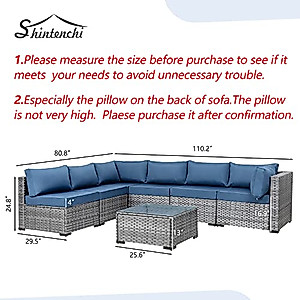 Shintenchi 7 Pieces Outdoor Patio Sectional Sofa Couch, Silver Wicker Furniture Conversation Sets with Washable Cushions & Glass Coffee Table for Garden, Poolside, Backyard (Aegean Blue)