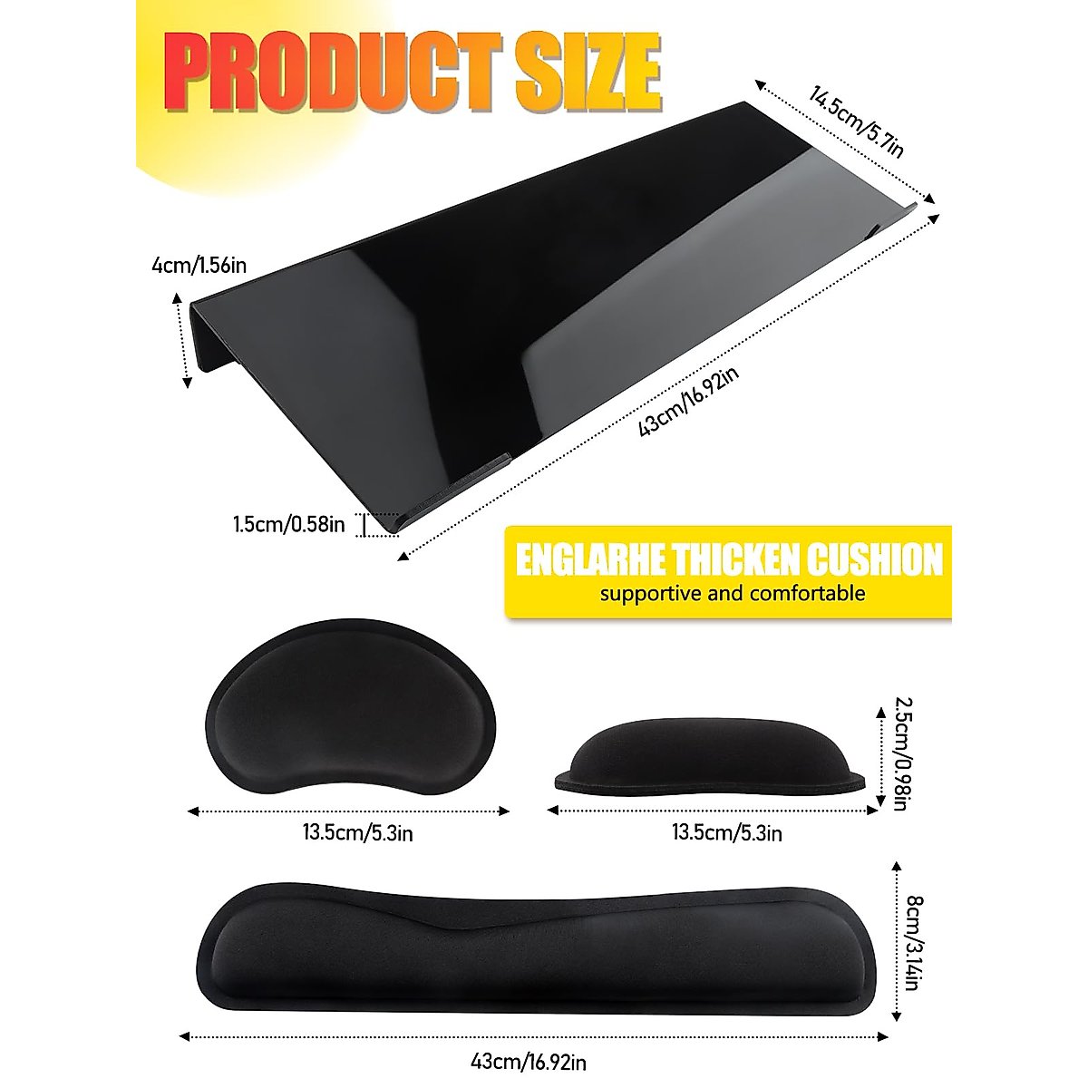 Kalolary 3Pcs Black Acrylic Tilted Computer Keyboard Holder with Mouse & Keyboard Wrist Rest Pad, Computer Keyboard Stand Set for Easy Ergonomic Typing for Office Desk, Home, School