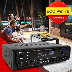 Home Audio Power Amplifier System - 300W 4 Channel Theater Power Stereo Sound Receiver Box Entertainment w/ USB, RCA, AUX, Mic w/ Echo, LED, Remote - For Speaker, iPhone, PA, Studio Use - Pyle PT390AU