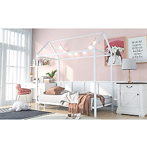 AOCOROE Twin Size House Bed Frame Floor Height Platform Bed for Boys and Girls. Metal Twin Bed House Shaped Canopy Bed Frame with Slats