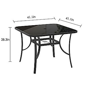 soges Outdoor Patio Table, Outdoor Square Tempered Glass Table, All Weather Outside Table, Dining Table with Umbrella Hole for Camping, Garden, Lawn