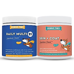 WONDER PAWS Daily Multivitamin Chews Plus Skin + Coat Chews - for Dogs Immune Support, Digestive Health, Joint Support, Skin & Coat - Daily Multi 60 Chews - Skin + Coat 70 Chews
