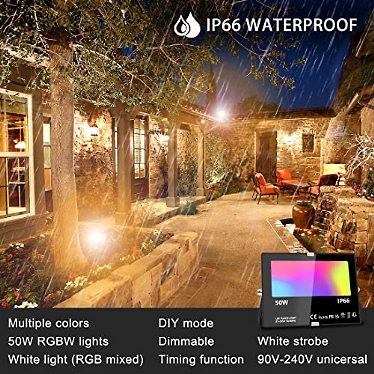 MELPO LED Flood Light Outdoor, 500W Equivalent 5000LM Smart RGB Landscape Lighting with APP Control, DIY Scenes - Timing - Warm White 2700K - Color Changing Uplight, IP66 Waterproof US Plug (2 Pack)