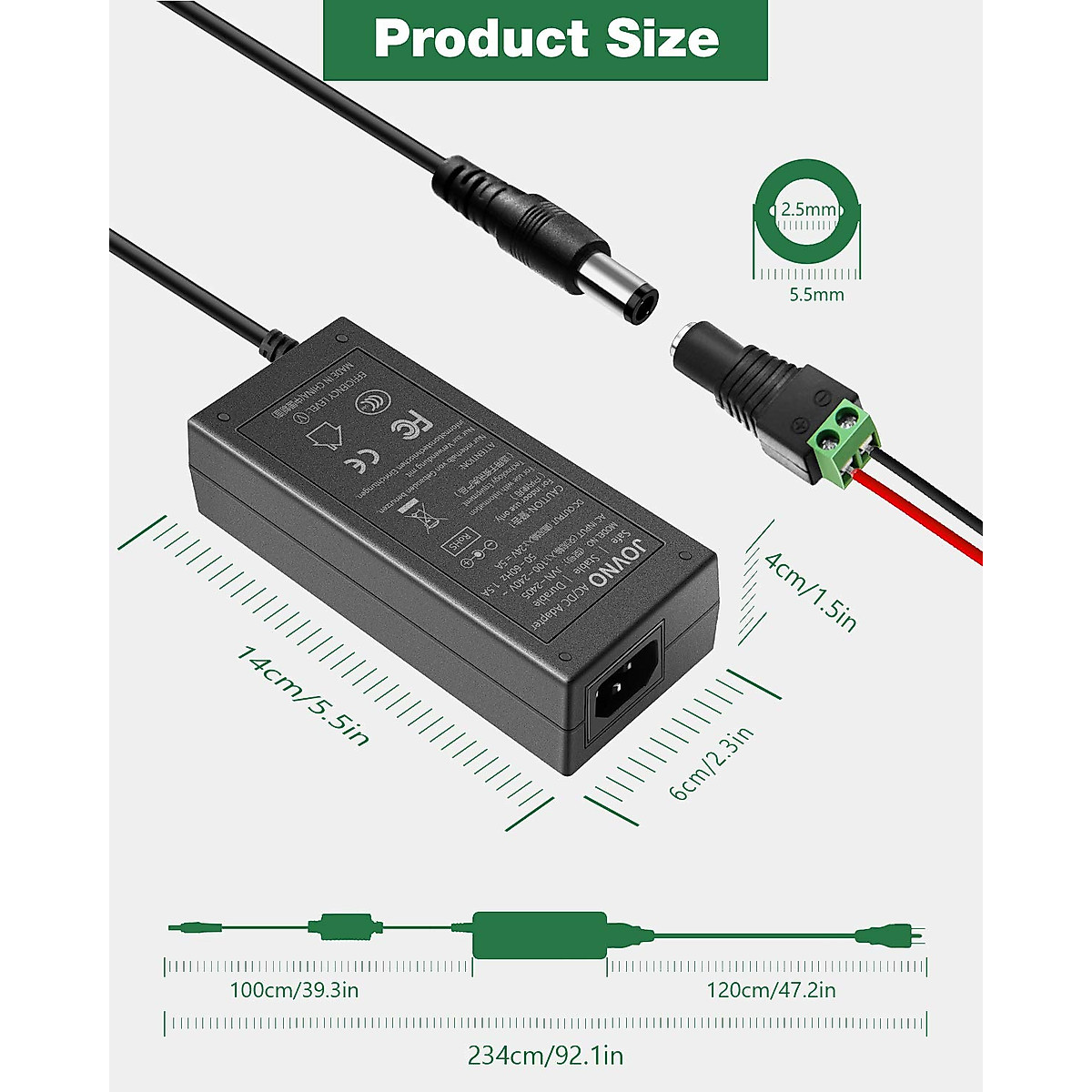 JOVNO 24V 5A Power Supply Adapter 100-240V AC to DC 24 Volt 120W 5A 4.5A 4A 3.5A Transformer Converter LED Driver with 5.5x2.5mm Plug 7.5ft Power Cord for LED Strip DC Pump CCTV Cameras LCD Monitor