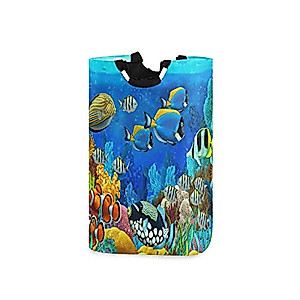 Qilmy 22.7’’ Sealife Fish Coral Waterproof Foldable Laundry Hamper, Dirty Clothes Laundry Basket, Storage Organizer for Toy Collection