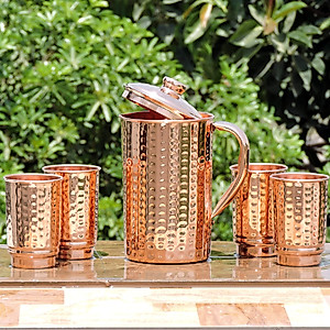 HealthGoodsIn - Pure Copper Hammered Pitcher with 4 Copper Tumblers | Hammered Copper Pitcher and Tumblers for Ayurveda Health Benefits