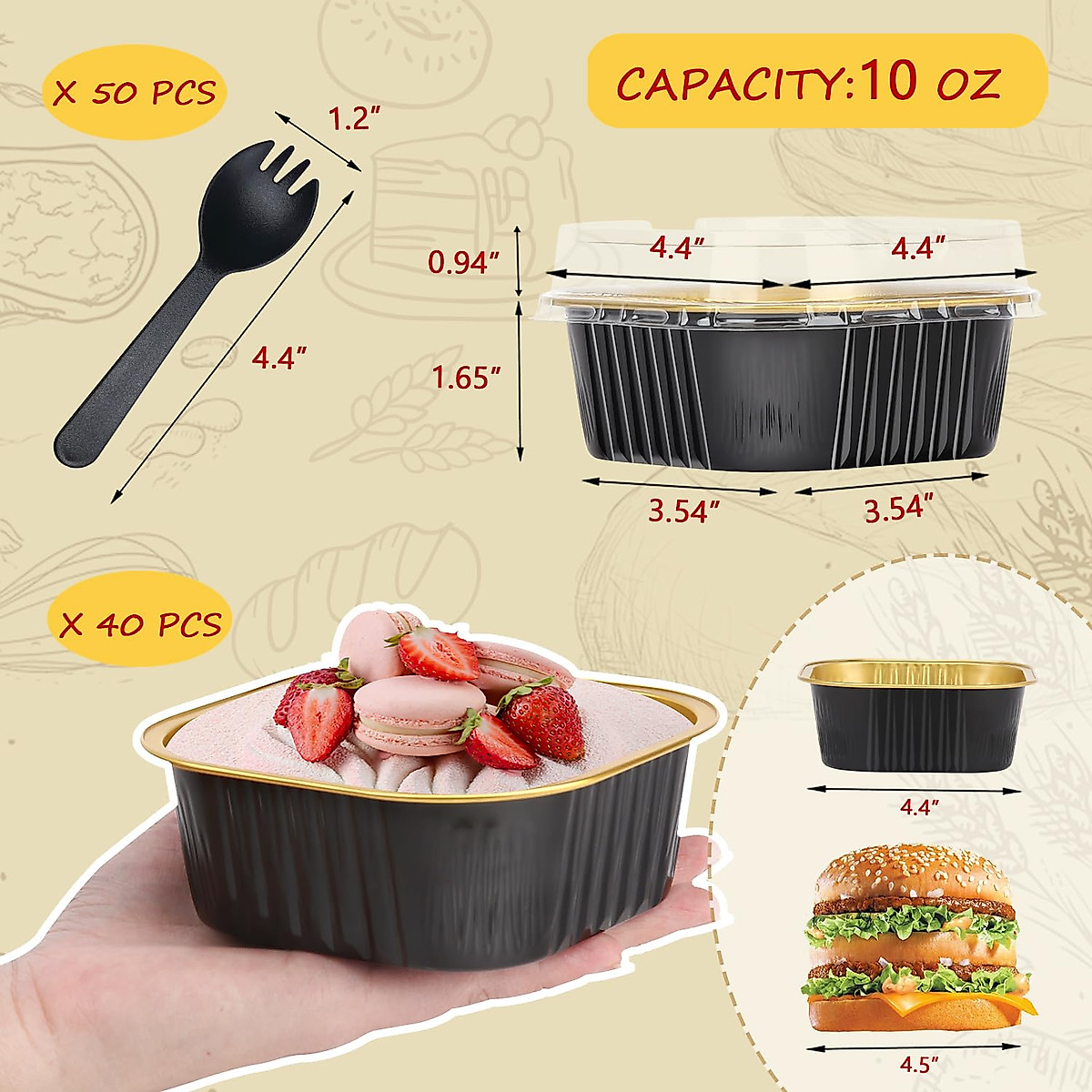 10oz Mini Cake Pans With Lids 40 Pack,LNYZQUS Aluminum Foil Square Cupcake Liners Brownie Baking Cups,Disposable 4”x4” Large Cupcake Pan,Jumbo Muffin Tin Ramekins Holders-Black In Gold