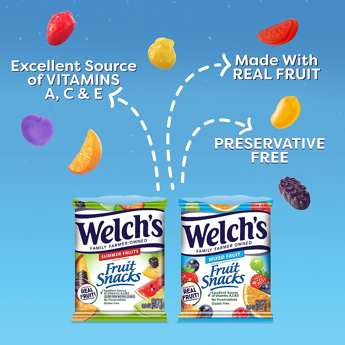 Welch's Fruit Snacks, Mixed Fruit & Summer Fruits Bulk Variety Pack, Perfect for School Lunches, Gluten Free, 0.8 oz Individual Single Serve Bags (Pack of 60)