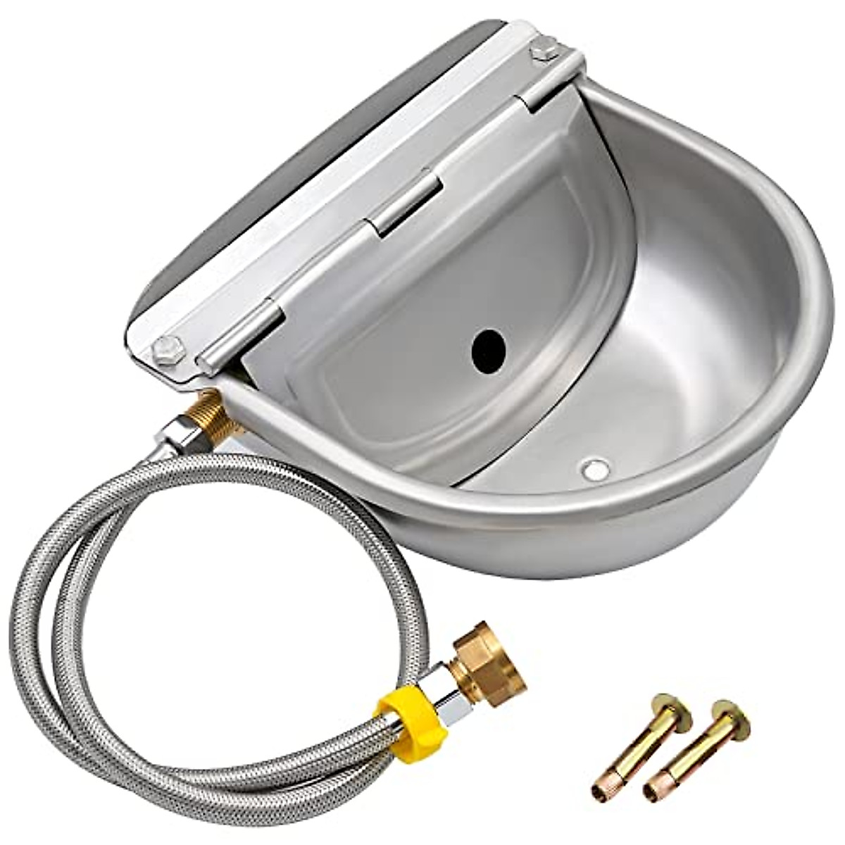 KHEARPSL Automatic Waterer Bowl with Brass Float Valve and Drain Hole, Stainless Steel Dog Livestock Water Bowl with Hose, Connector and Screws