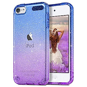 ULAK Clear Gradient Glitter Case for iPod Touch 7th/6th/5th Generation, Hybrid Slim Cute Case for Girls Women, Shockproof Anti-Scratch Soft TPU Bumper Cover for iPod Touch 7/6/5, Blue+Purple