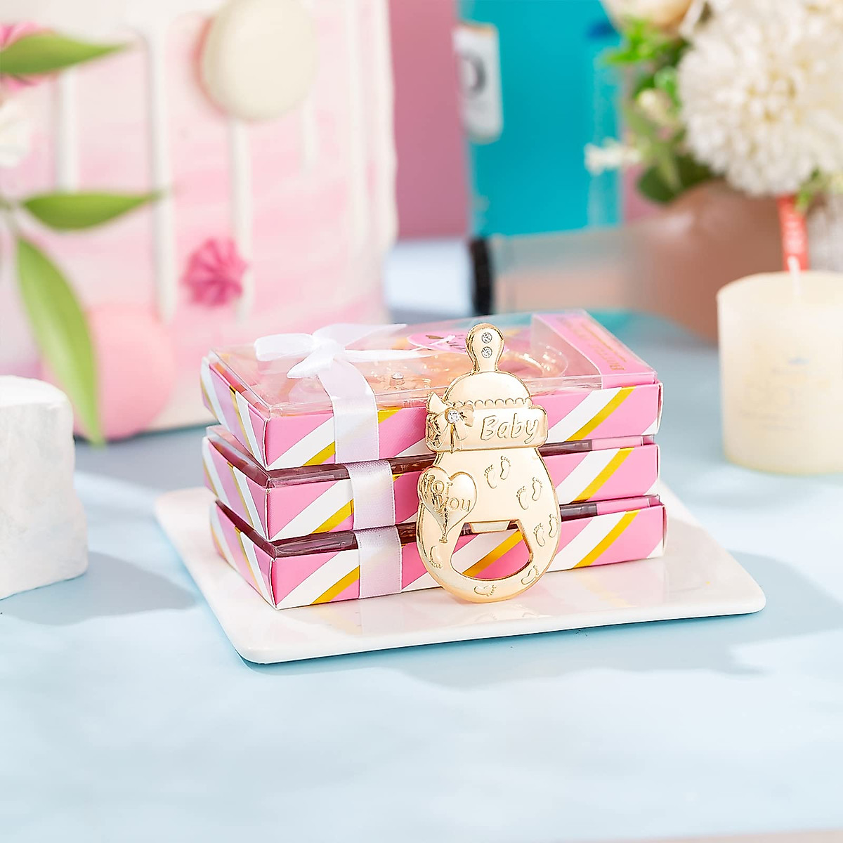 Uezea 24 Pieces Baby Bottle Openers Baby Shower Favors, Gifts, Decorations, or Souvenir Guest Gift Boxes, Poppin Design for Boys or Girls (pink)