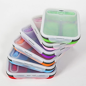 Exclusivo Bolsillo Foldable Bento Lunch Box (6pcs) for Women Men With Spork & Lid BPA Free,Collapsible and Leakproof Space Saving Food Storage Containers with 3 Compartments(6 Color Pack)