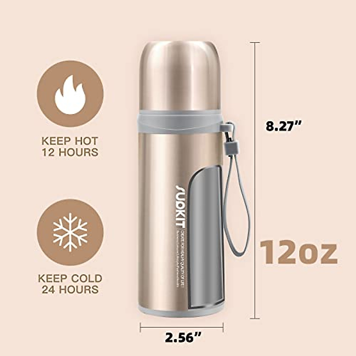 SUPKIT Small Coffee Thermos, Stainless Steel Thermos Cup, BPA Free, Insulated Water Bottle for Hot Drink and Cold Drink, Perfect for Biking, Camping, Office, Car or Outdoor Travel (12 oz, Silver)