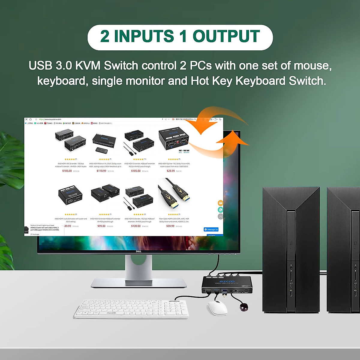 USB 3.0 KVM Switch HDMI 2 Computer 1 Monitor HotKey 4K60 4:4:4 HDR Atmos - 2 PCs Share Keyboard Mouse Printer Scanner Mac Windows,HDCP Pass, 2 USB3.0 Cable,USB Selector SW21KVM