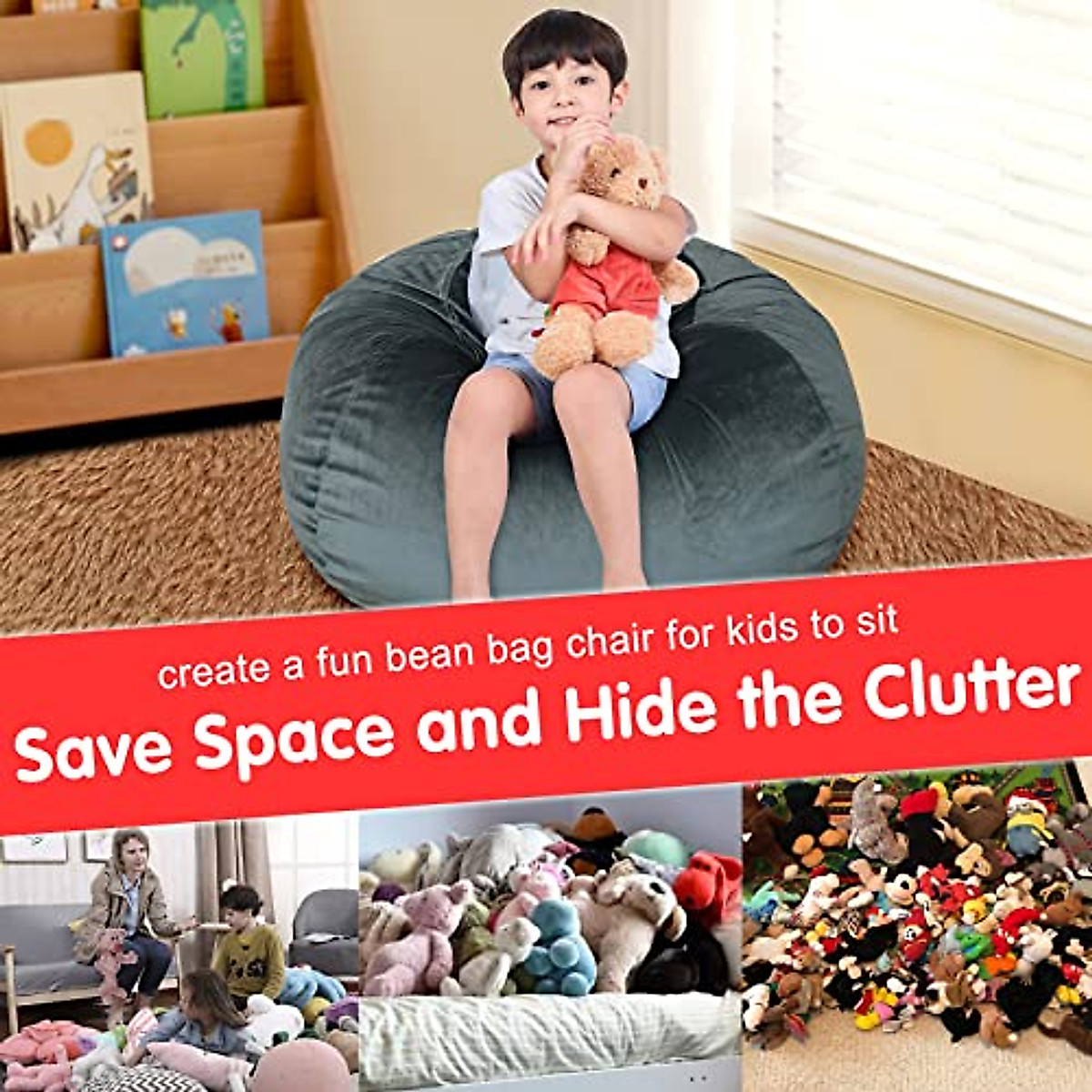 Lukeight Stuffed Animal Storage Bean Bag Chair for Kids and Teens Without Filling, Zipper Storage BeanBag Cover for Organizing Stuffed Animal, Luxury Velvet Bean Bag Chair Cover (No Beans) X-Large