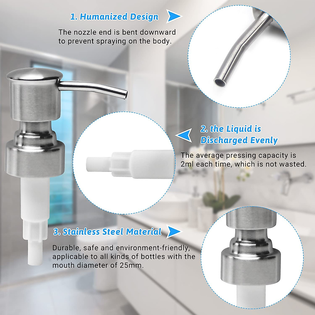 MroMax 304 Stainless Steel Soap and Lotion Dispensers Replacement Pump for 28/400 Bottles Jars,Bathroom Screw Lotion Pump Head, Silver 2Pcs