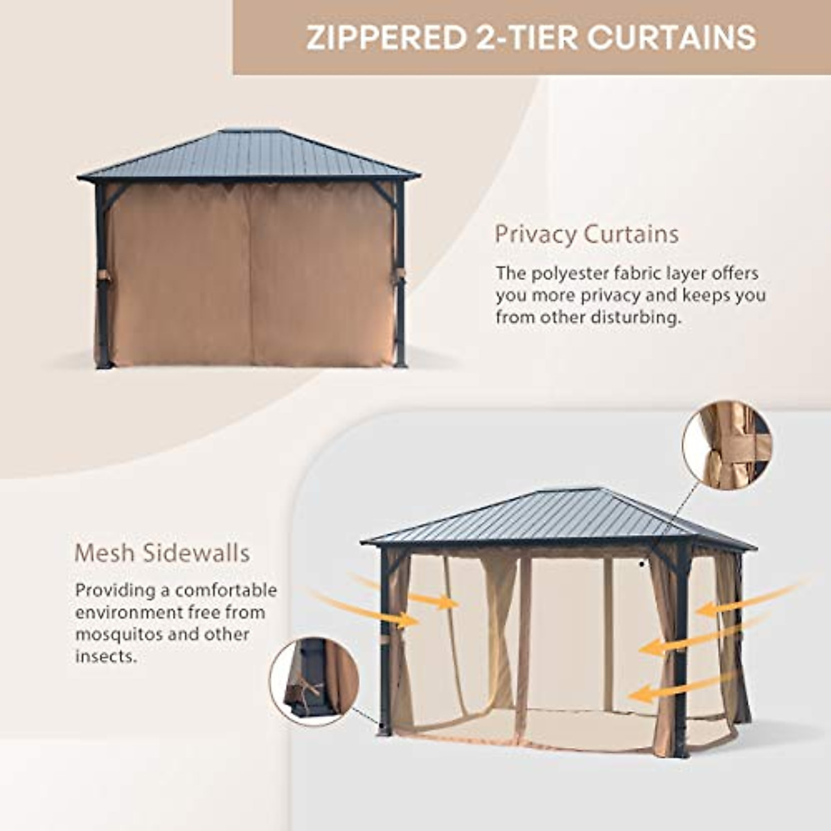 Cloud Mountain Steel Gazebo Hardtop Rectangular 10'x12', Brown Black