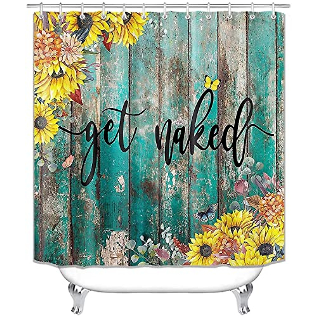 4Pcs Get Naked Sunflower Shower Curtain Sets Floral Green Bathroom Set Decor with Non-Slip Rugs Bath U-shaped Mat Toilet Lid Cover Country Flower Bathroom Curtains Shower Set with 12 Hooks, 70.8×70.8