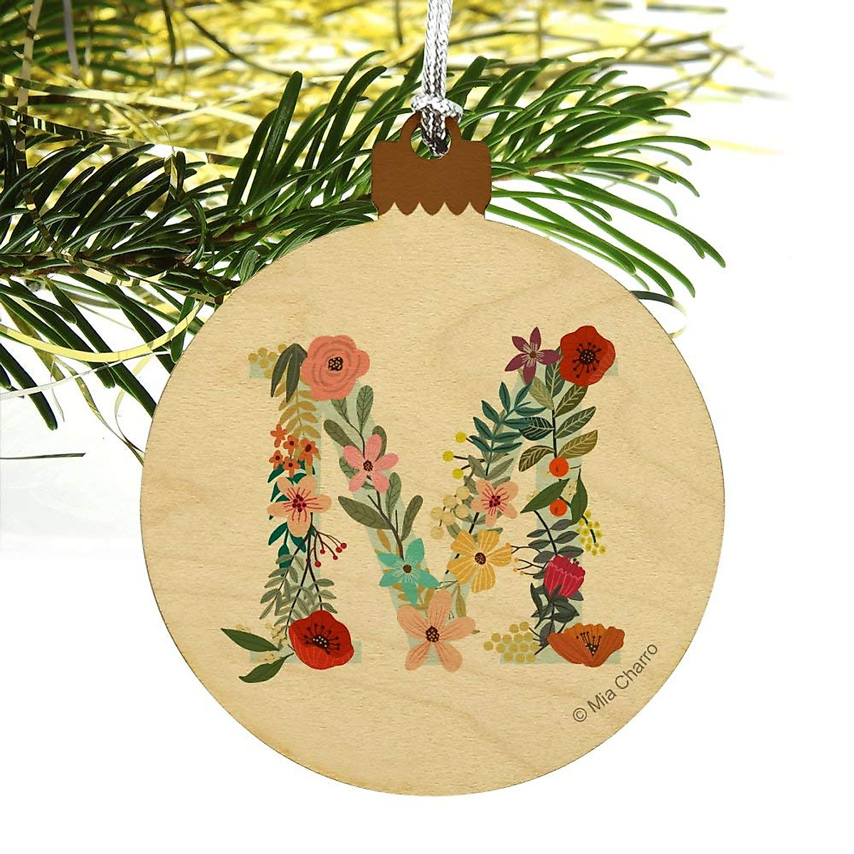 Letter M Floral Monogram Initial Wood Christmas Tree Holiday Ornament