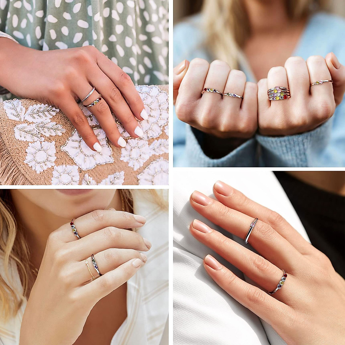 Bestyle Custom Birthstone Rings for 3, Dainty Sterling Silver Stacking Band Ring for Women, Great Statment Promise Ring on Thanksgiving/Christmas/Valentines'/Mother's Day