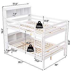 Betoko Solid Wood Bunk Beds Full Over Full with Bookcase Convertible Wooden Full Size Bunk Bed Frame with Storage Headboard for Teens,Kids,Boys,Girls,Adults and Small Spaces (White, Full Over Full)