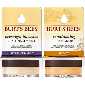 Burt’s Bees Conditioning Lip Scrub and Overnight Intensive Lip Treatment, With Ceramides, Exfoliates and Hydrates Lips 8 Hours, Natural Origin, 2 Jars, 0.25 oz