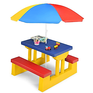 HONEY JOY Kids Picnic Table, Toddler Plastic Outdoor Table & Bench Set with Umbrella, Children Patio Furniture Set for Backyard Garden, Kids Picnic Tables for Outdoors, Gift for Boys Girls Age 3+