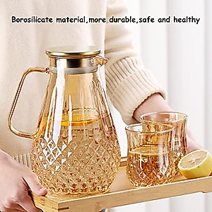WONCRYS Borosilicate Glass Pitcher Set With Lid and 2 Cups, 68 oz Diamond Pattern, Stainless Steel Lid, Glass Kettle for Tea, Milk, Hot and Iced Beverages, Amber Color(2000 Milliliters)
