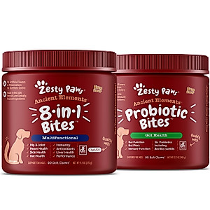 Ancient Elements Probiotics for Dogs - Chewable Dog Probiotic Supplement + Ancient Elements 8-in-1 Bites for Dogs - Joint, Skin, Gut, Immune, Heart Support