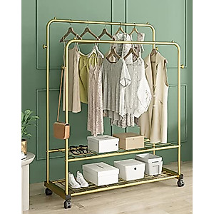GAMNOF Rolling Metal Clothes Rack Two Shelves Clothing Rack Two Rod Garment Rack for Hanging Clothes with Caster Wheels for Clothes Hats Bags and etc Storage and Organizer
