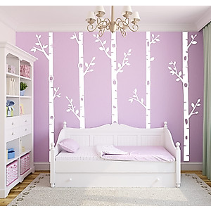Giant Tree Wall Decals 5 Birch Tree Wall Stickers Woodland Wall Stickers for Baby Kids Nursery Bedroom Living Room Wall Decorations (100", White)