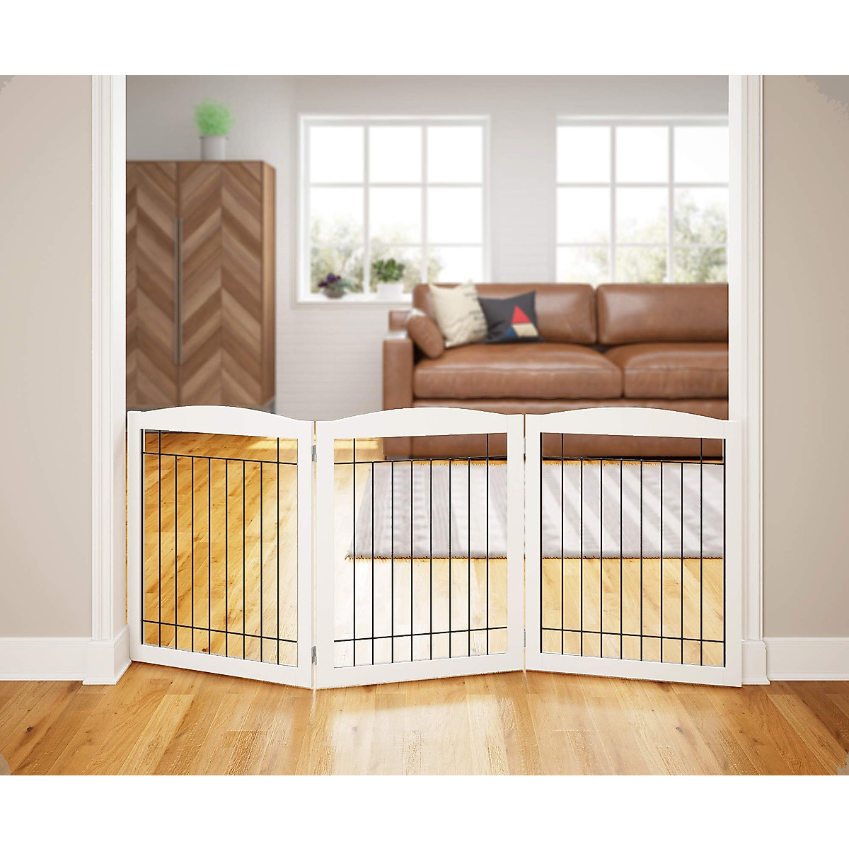 PAWLAND Extra Wide Dog gate for The House, Doorway, Stairs, Freestanding Foldable Wire Pet Gate, Pet Puppy Safety Fence, 30" Height (White, 3 Panels)