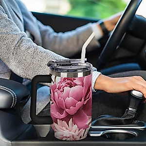 Botanical Floral Insulated Stainless Steel Travel Mug, 40 Oz Tumbler with Handle And Straw Double-Wall Vacuum Coffee Cup, Leak-Proof Lid, Keeps Drinks Hot/Cold for Hours