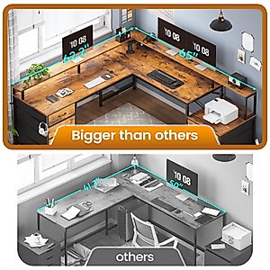 SEDETA L Shaped Desk with 6 Drawer, 108" Home Office Desk with File Drawer & Power Outlet, Corner Computer Desk with Monitor Shelf, Two Person Desk, Gaming Desk with Led Lights, Rustic Brown