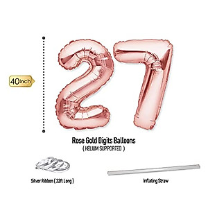 27th Birthday Party Decorations for Her Rose Gold Supplies Big Set with Birthday Banner and 27 BDay Digit Balloons for Women Including Latex and Confetti Balloons