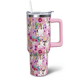 puhnhsv 40 oz Basset Hound Tumbler with Handle, Insulated Stainless Dog Tumbler Coffee Travel Mugs Cup Water Bottle Basset Hound Lovers Gifts for Women Girls