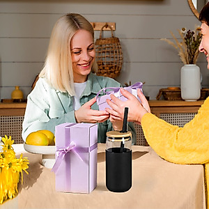 20oz Glass Water Tumbler with Silicone Protective Sleeve - Beer Can Glass Cups with Straw and Bamboo Lid, Iced Coffee Glasses, Cute Drinking Glasses for, Water Smoothie, Boba Tea, Gift - Black