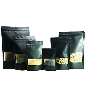 PQZKLDP 100pcs Black Kraft Paper Stand Up Pouches, Ziplock Stand Up Food Storage Bags with Matte Window, Reusable, Heat-Sealable for Packaging in Home , Office , Outdoors (Mixed Size)