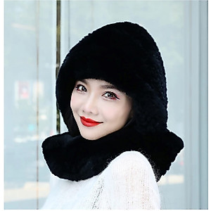 Knitted Rex Rabbit Infinity Scarf w Hood Fur Scarves Wrap Shawl Fur Cashmere Pashmina Silk Wool Cape Cashmere Cape (Ebony Black)