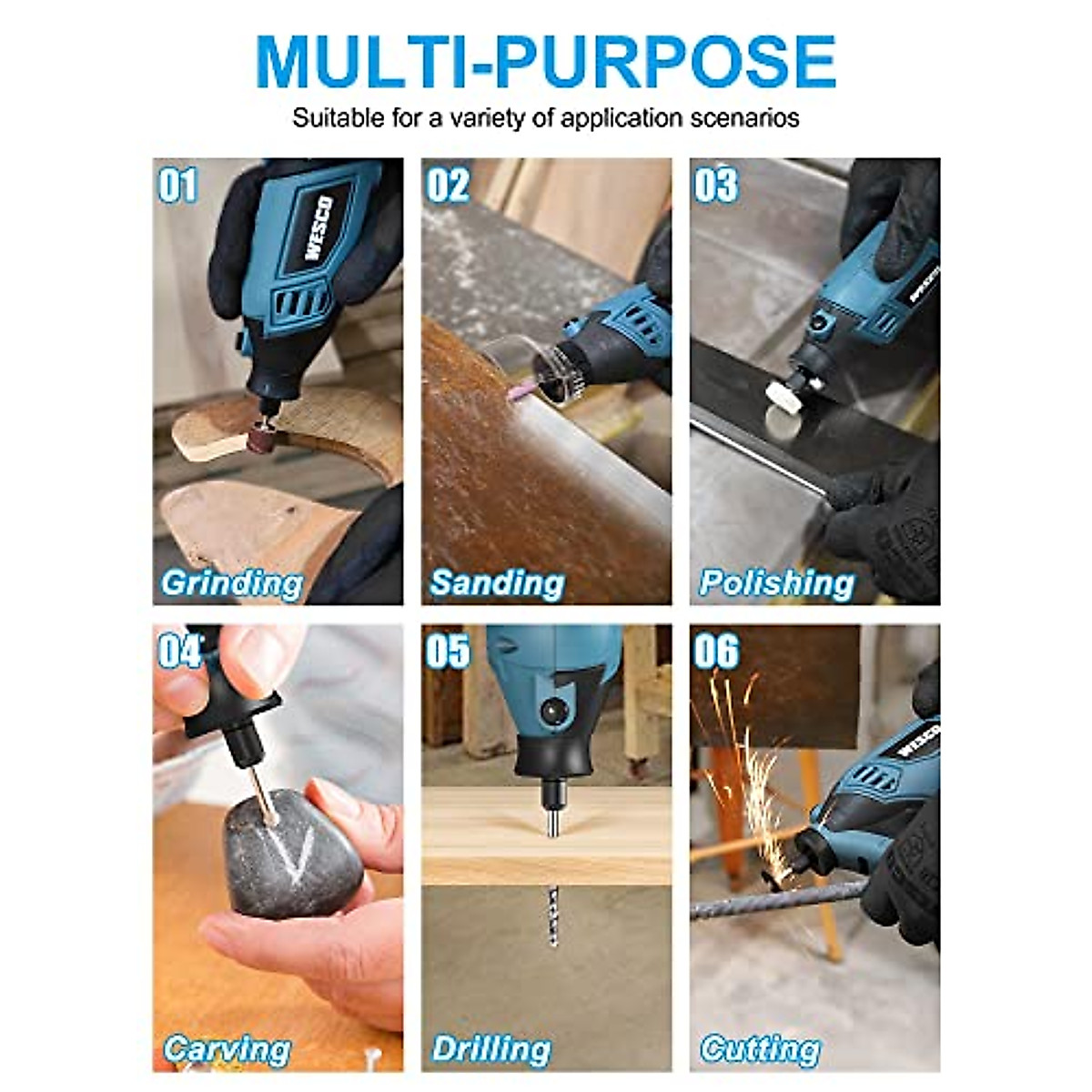 Rotary Tool Set,WESCO Rotary Tool-7 Variable Speed 8000-35000RPM,Power Rotary Tool with 82 Accessories,Rotary Tool Multi-Tool for Sanding, Polishing, Drilling, Etching, Engraving, DIY Crafts