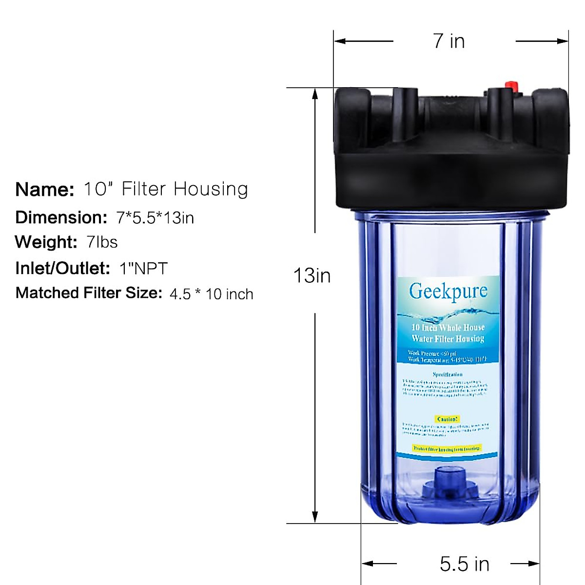 Geekpure 10 Inch Big Clear Water Filter Housing for Whole House Water Filtration with Wrench Bracket -1" Port-4.5" x 10"