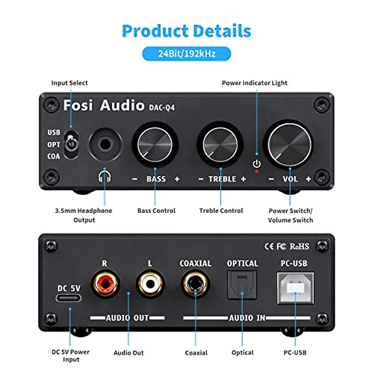 Fosi Audio Q4 Headphone Amplifier Mini Stereo DAC 24-Bit 192 KHz USB Optical Coaxial to RCA AUX Digital-to-Analog Audio Converter Adapter for Home Desktop Powered Active Speakers