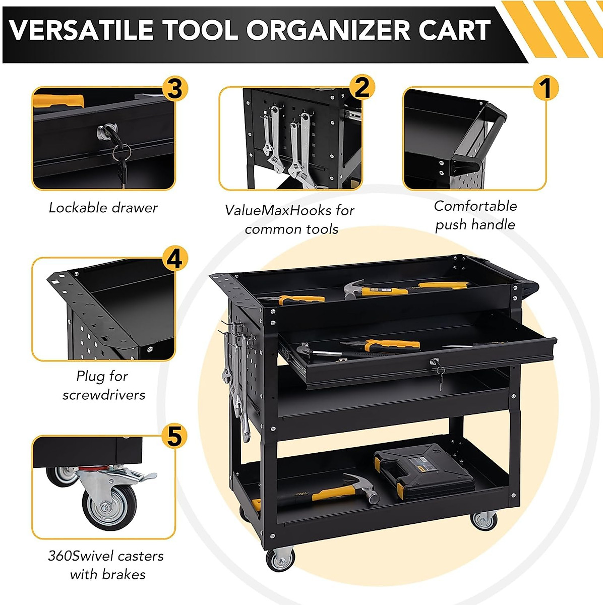 SUN & SUMMER Tool Chest with Wheels, Rolling 3-Tier Tool Box with Wheels 330 LBS Capacity Heavy Duty Utility Industrial Service Cart with Locking System Drawer for Garage, Warehouse & Repair Shop