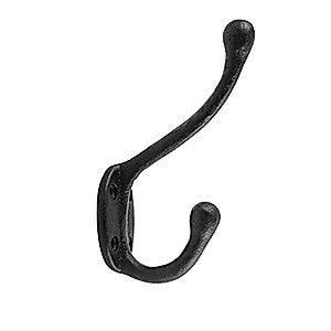 Renovators Supply Manufacturing Black Wrought Iron Robe and Coat Double Hooks 5 in. Long Rustic Entry Way Hat or Jacket Hanger Wall Mount Rust Resistant Bathroom Towel Hooks with Hardware Pack of 6