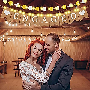 Engaged Banner Heart Garland and LED String Lights Set Rustic Burlap Bunting Garland White Gold Hanging Love Heart Streamer Banner for Wedding Engagement Party Bridal Baby Shower Birthday Decorations
