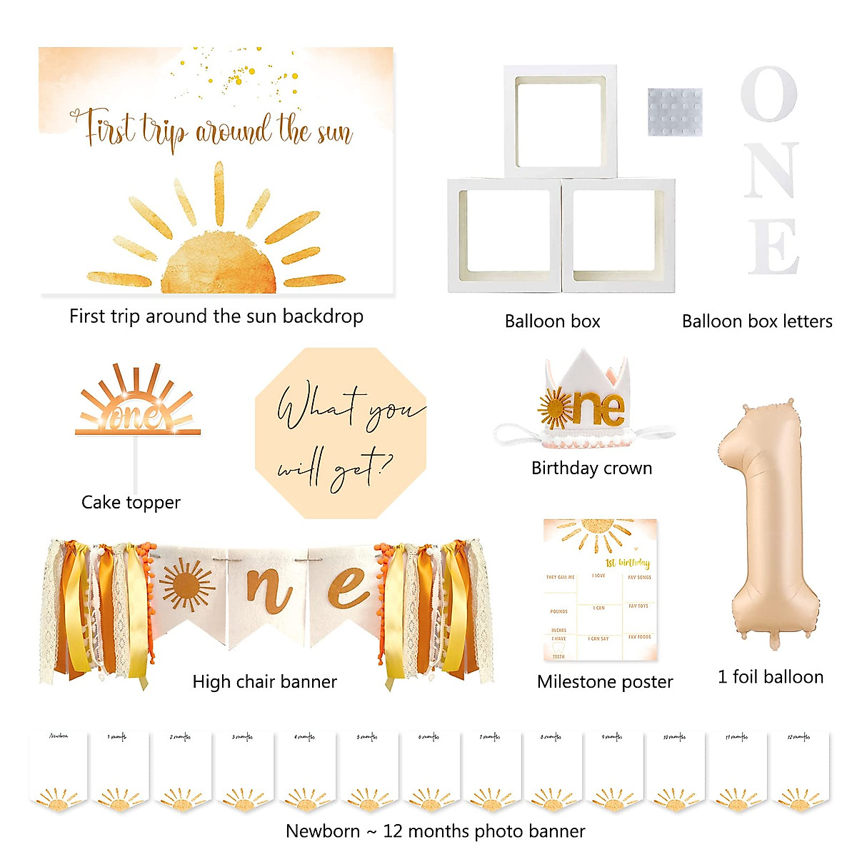 Shempeium First Trip Around The Sun Birthday Decorations Party Supplies, Boho Sun 1st Birthday Decorations for Girl, 1st Birthday Girl Decoration, Sun Theme First Birthday Party Supplies